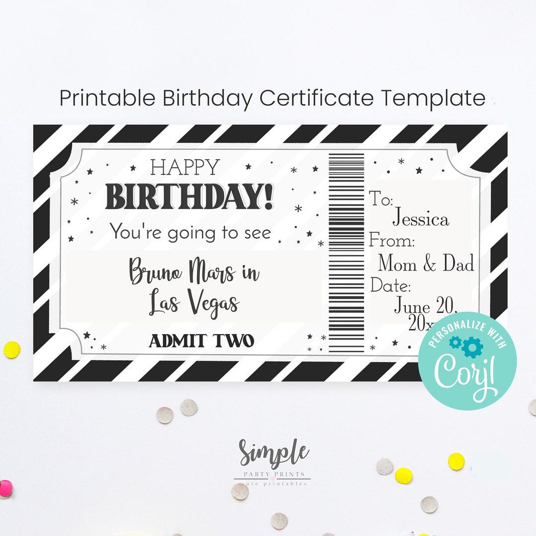 Printable Happy Birthday Concert Ticket Template, Show Certificate Gift ...