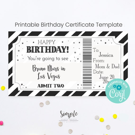 Printable Happy Birthday Concert Ticket Template, Show Certificate gift ...