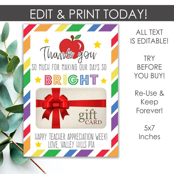 Editable Teacher Appreciation Gift Card Holder, Colorful Themed Tags ...
