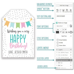 Printable Happy Birthday Tag, Editable Cute Colorful Gift Label, Custom ...