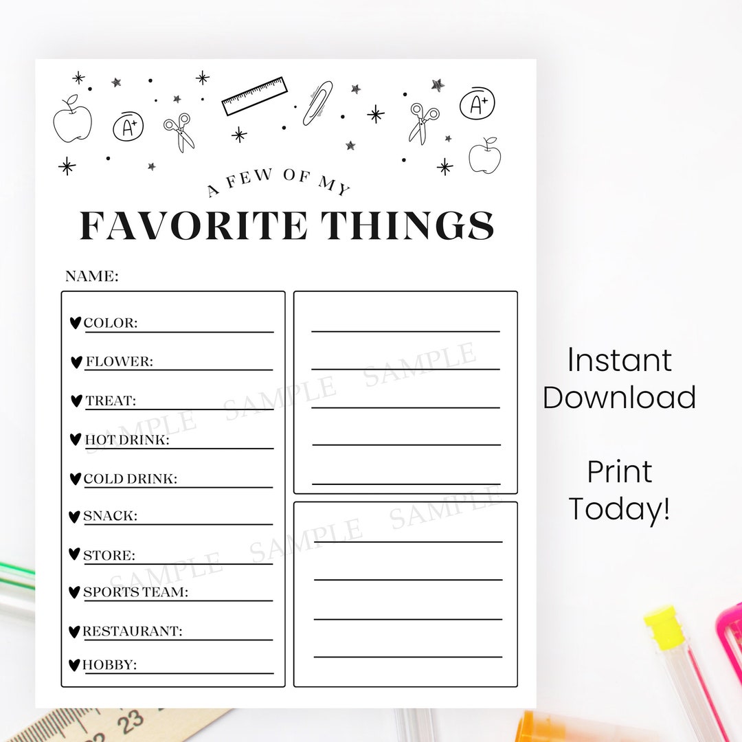 Printable Teachers Favorites Template | School Appreciation Supplies ...