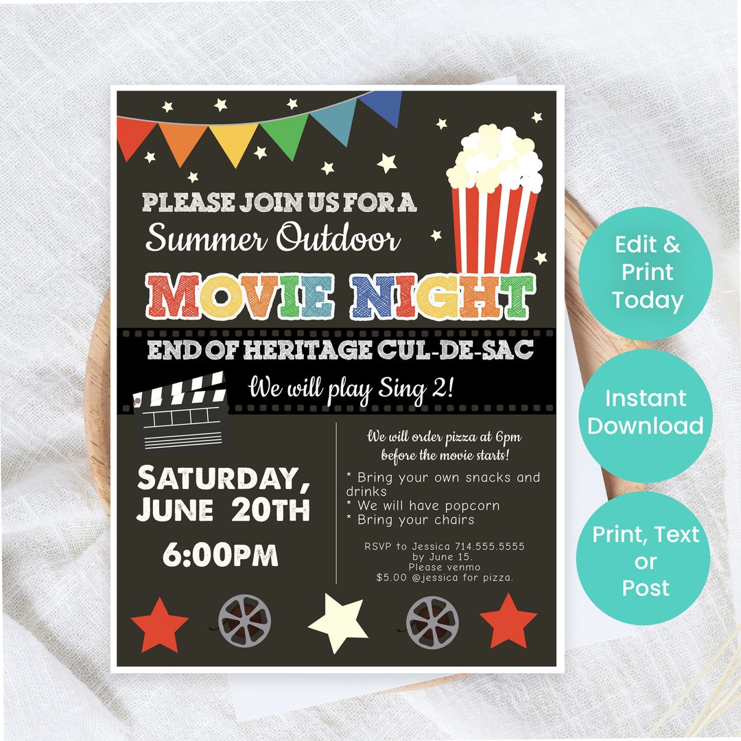 Movie Night Flyer, Editable Movie in the Park Invite, Digital ...