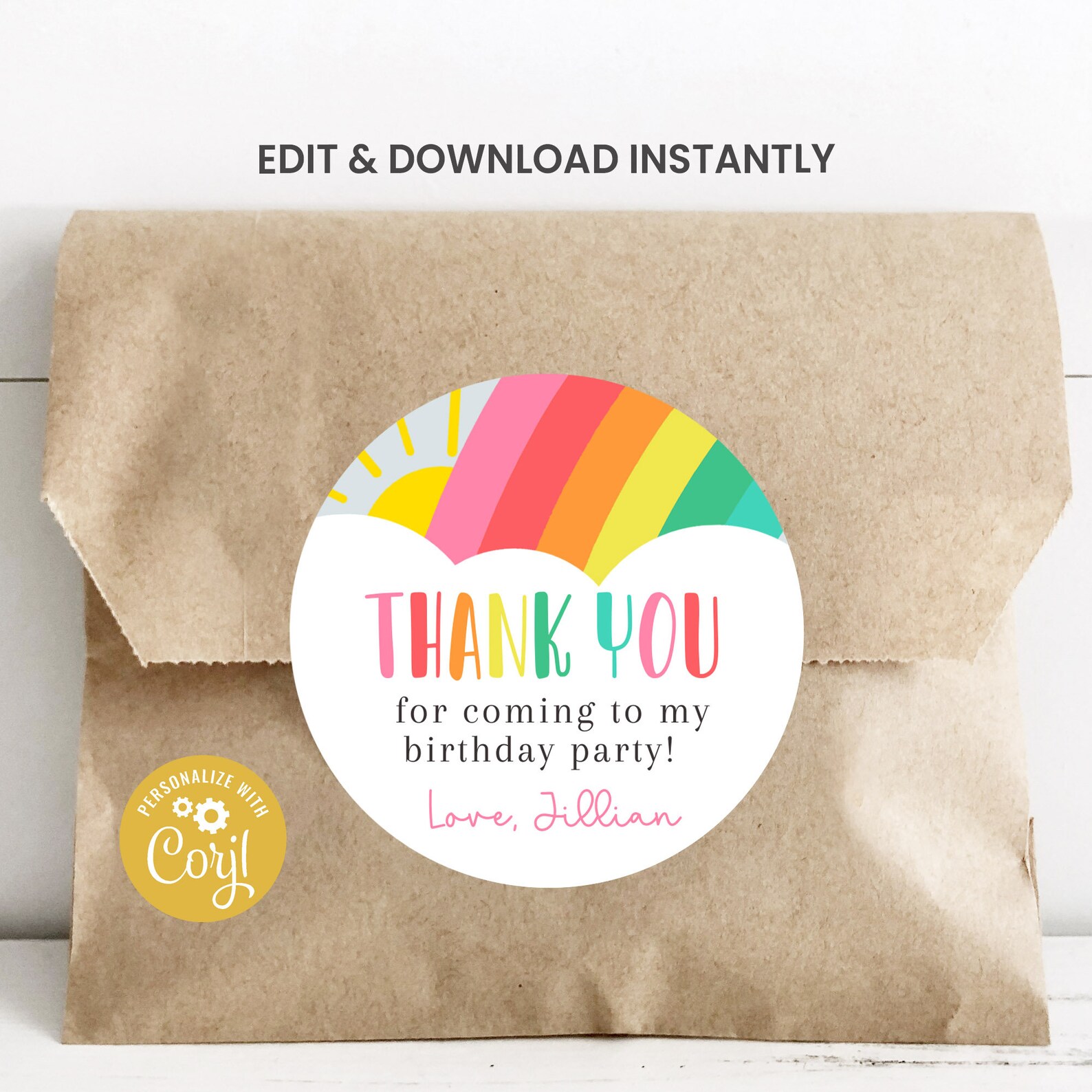 Rainbow Sticker Tag - Printable Favor Gift Tags - All Text is Editable ...