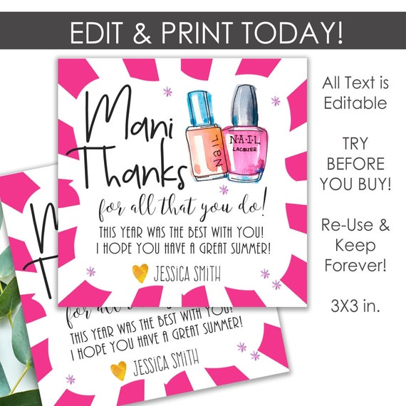 Manicure Printable Gift Tag, Printable Teacher Appreciation Gift tags ...