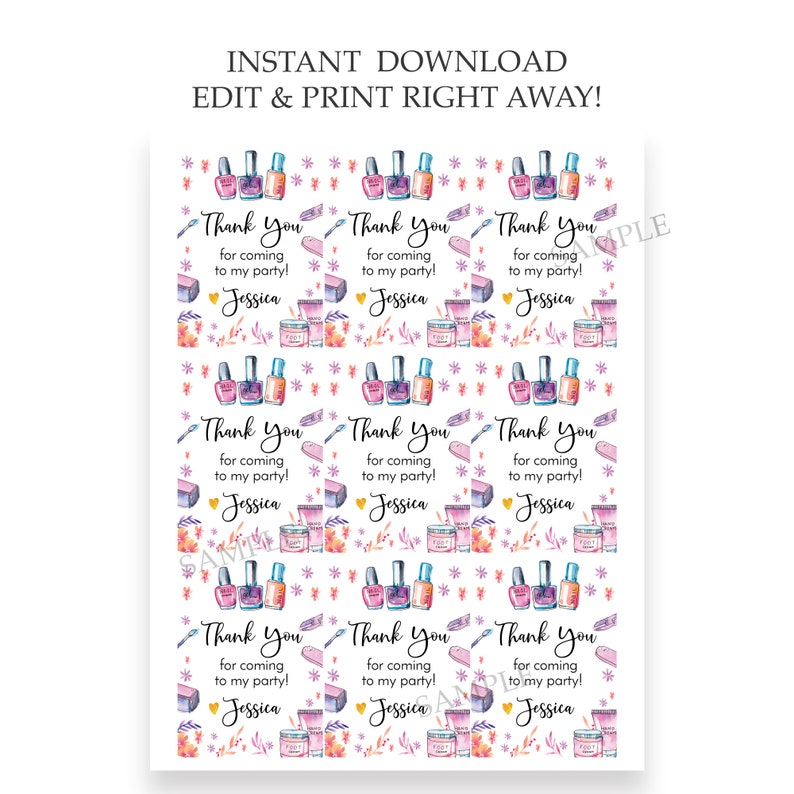 Editable Manicure Birthday Party Thank You Tags, Printable Mani-pedi ...