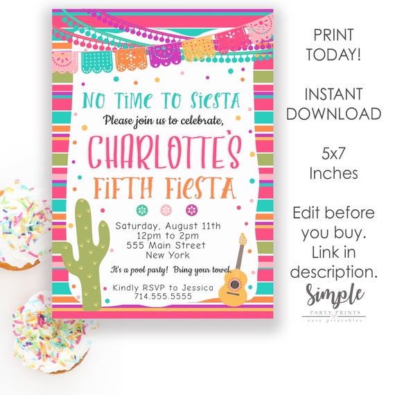 Editable Fiesta Themed Birthday Party Invitations, Girl Birthday, No ...