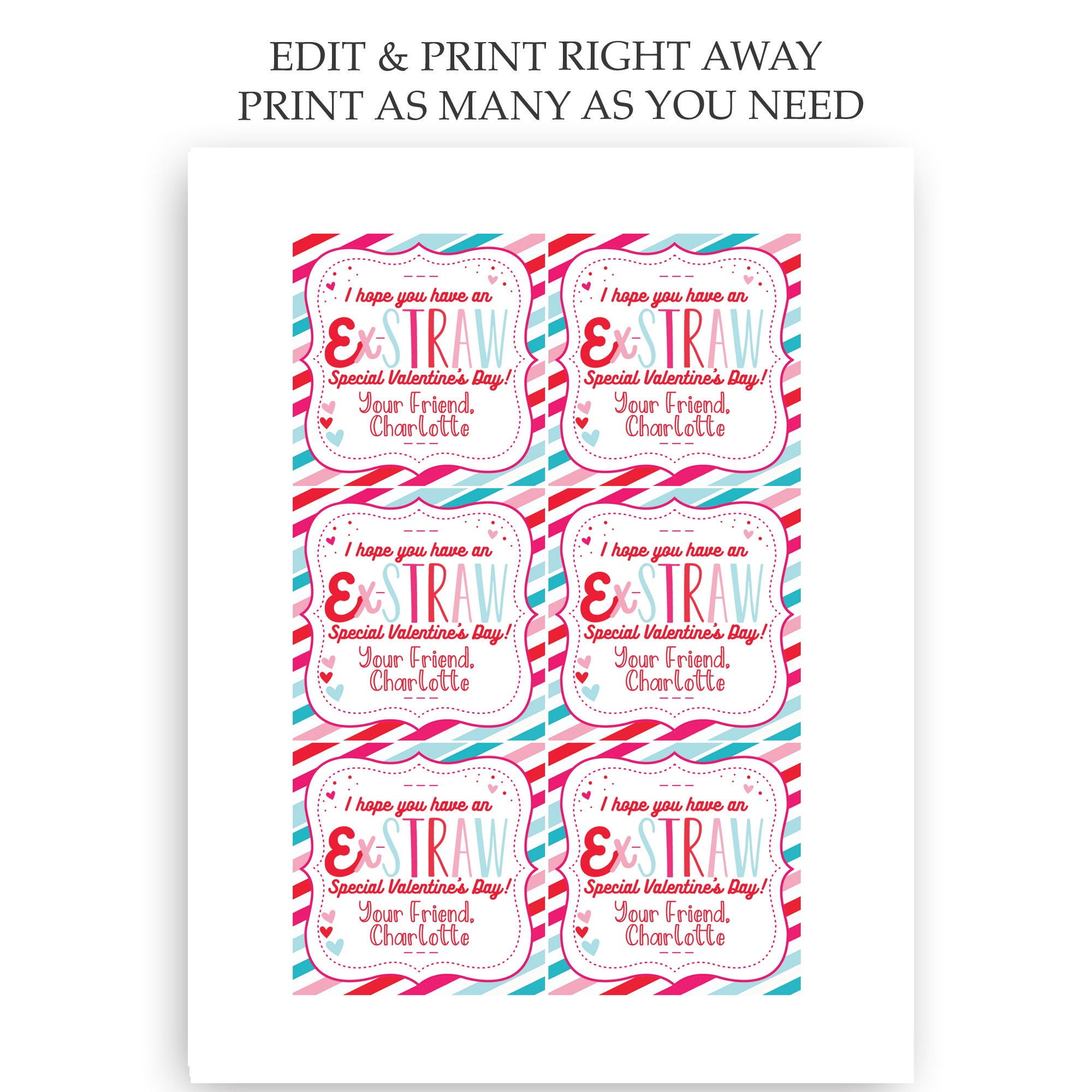 Printable Valentine's Day Straw Tags for Kids Classroom - Etsy