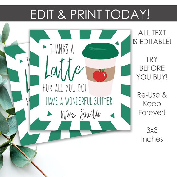Printable Volunteer Appreciation Tags, Starbucks Tag, Editable Thanks a ...