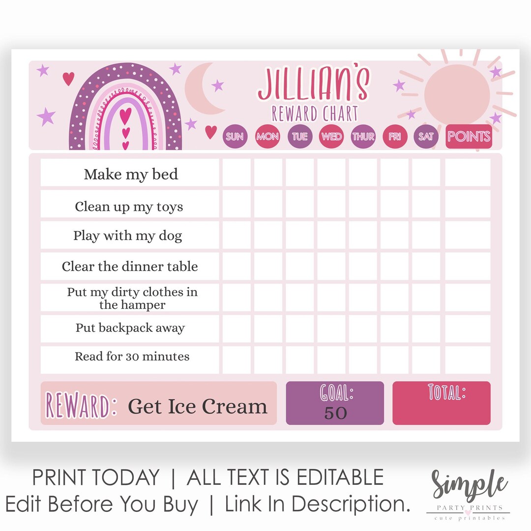 Kids Reward Chart Printable Chore Charts for Children Editable Reward ...