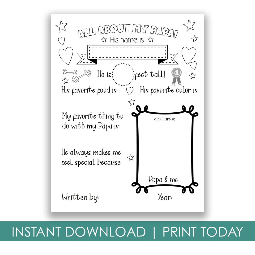 Printable All About My Papa Coloring Page, Gifts From Kids for Father's ...