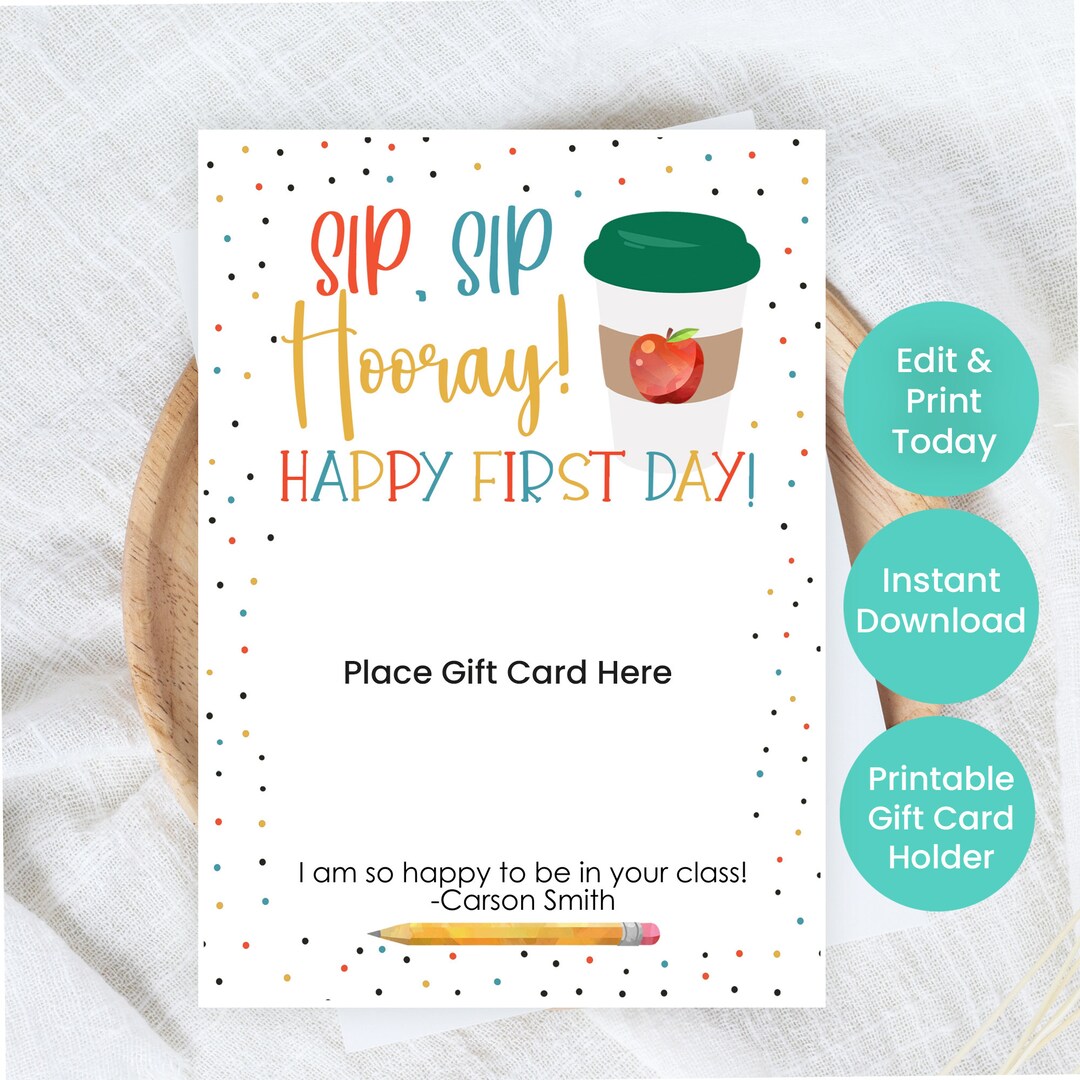 First Day of School Gift Card Holder | Editable Happy 1st Day Teacher ...