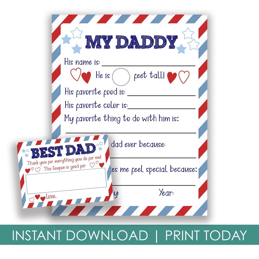Printable All About My Daddy Fill in Page With Coupons for Dad, Father ...