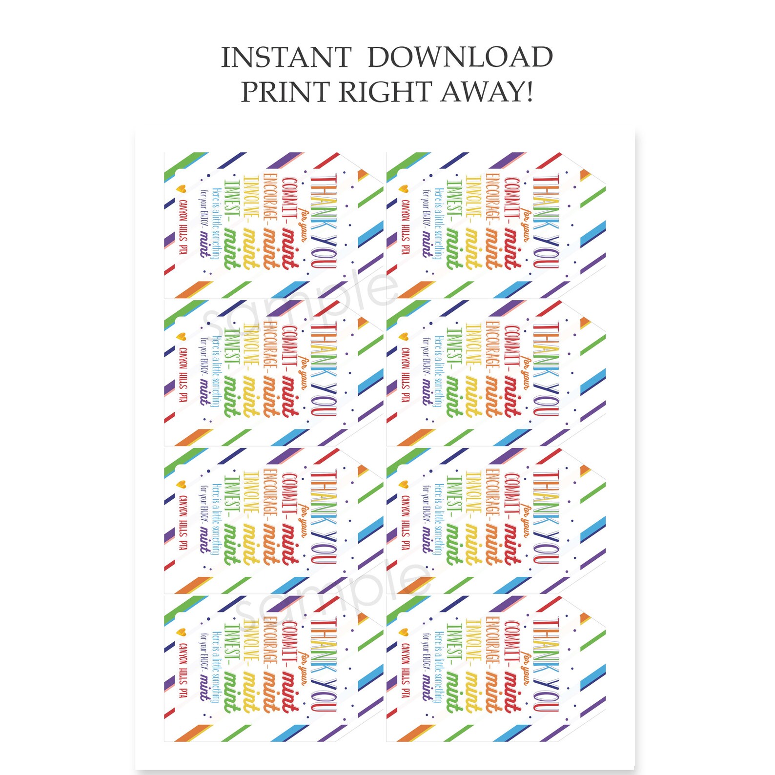 Printable Rainbow Thank You Tags for Teachers, Peppermint Favor Tags ...