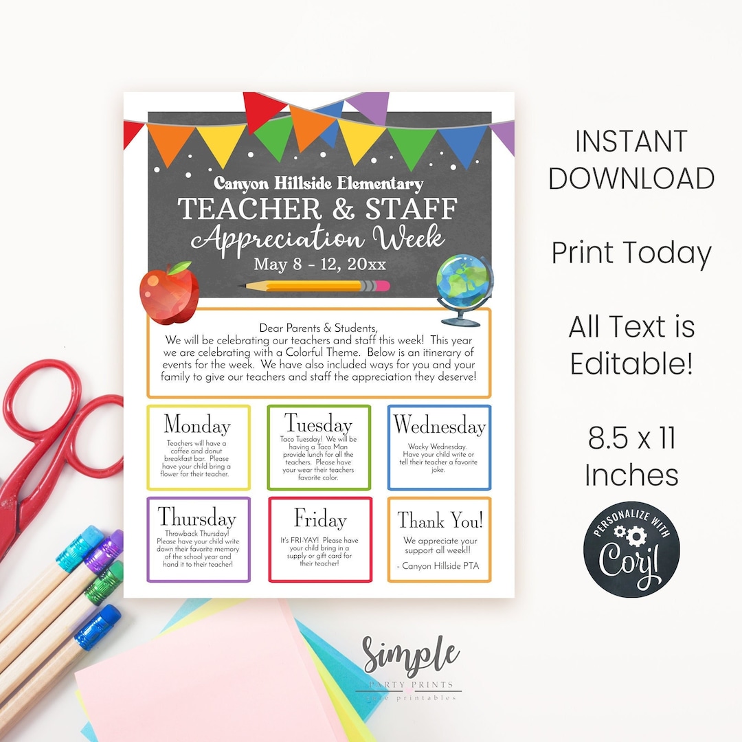 Editable Teacher Appreciation Flyer TAW Instructions Flyers - Etsy