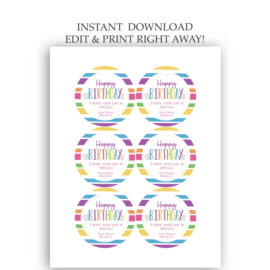 Printable Colorful Birthday Favor Tags for Kids - Editable Stickers ...