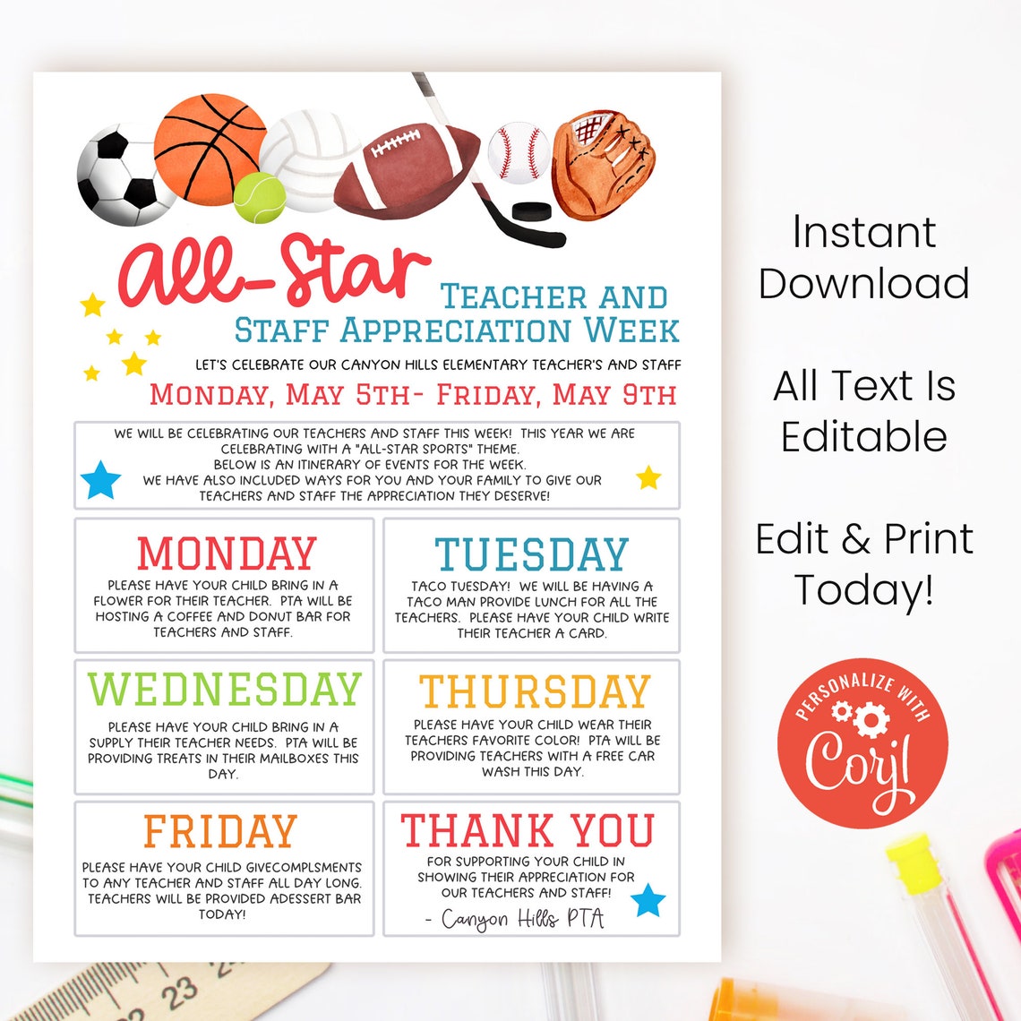 Editable All-star Teacher Appreciation Instructions Template, Printable ...