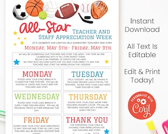 Sports All Star Vip Teacher Appreciation Week Itinerary Poster All Star ...