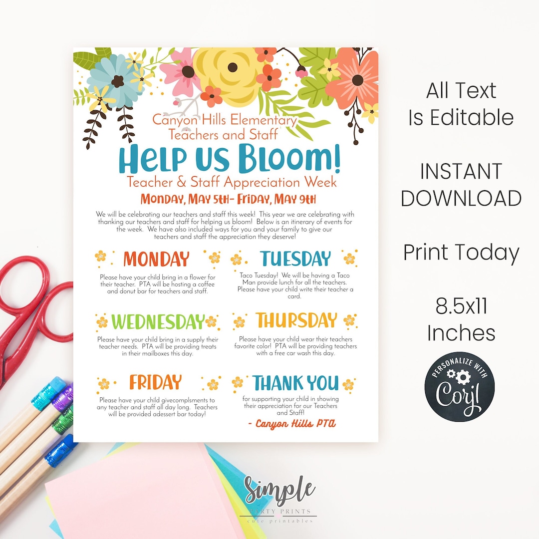 Printable Floral Teacher Appreciation Flyer TAW Instructions - Etsy