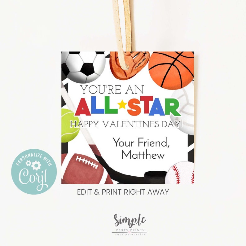 Printable Sports Valentines Day Kids Cards, Valentine's Tag, All-star ...