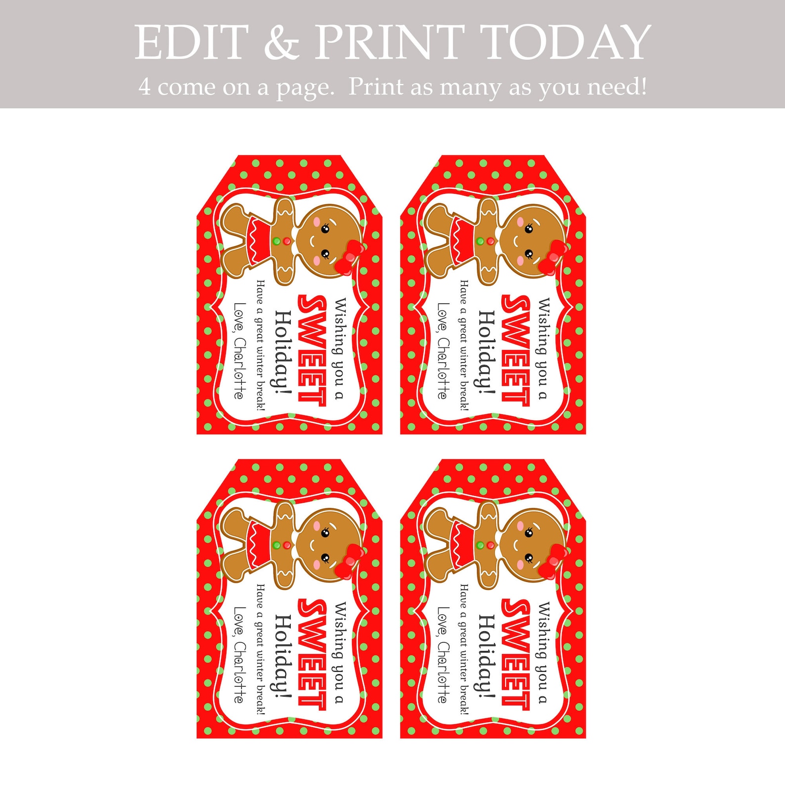 Gingerbread Man Printable Gift Tags Girl Holiday Tags - Etsy