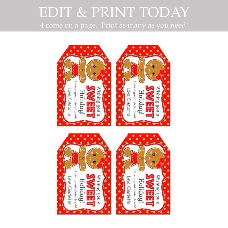 Gingerbread Man Printable Gift Tags, Girl Holiday Tags, Christmas ...