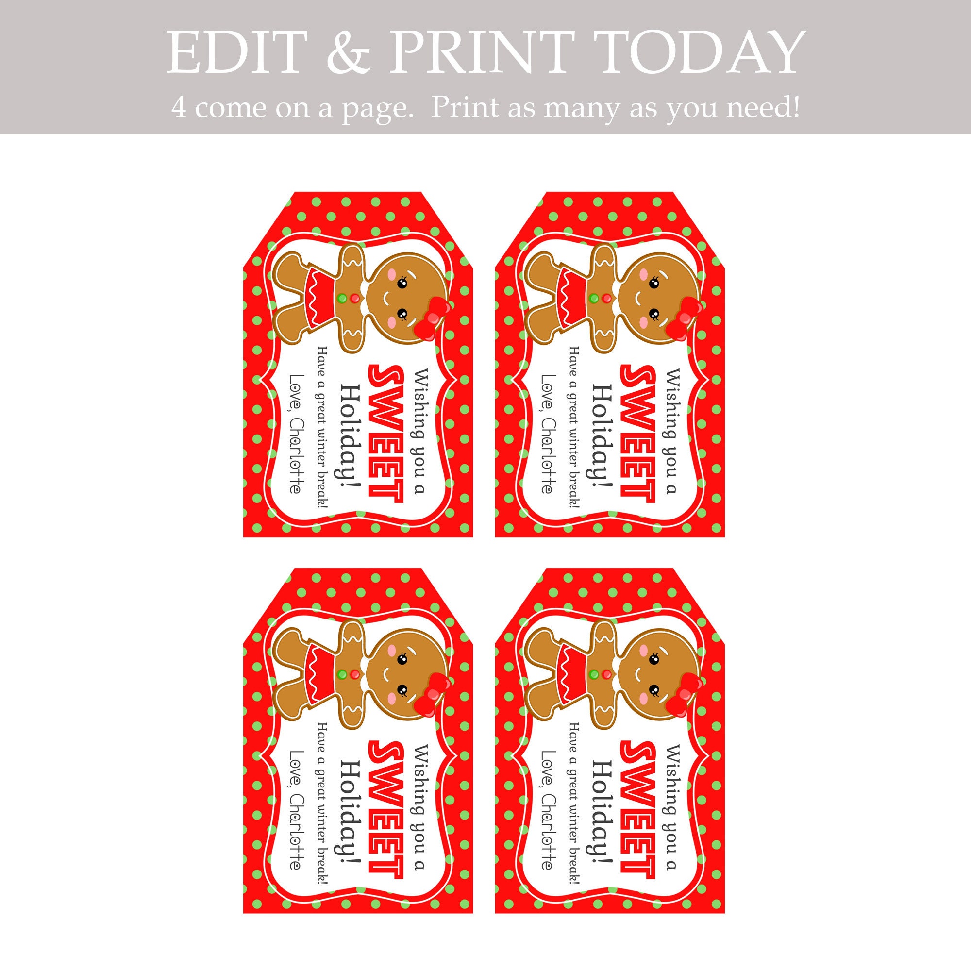 Gingerbread Man Printable Gift Tags Girl Holiday Tags - Etsy