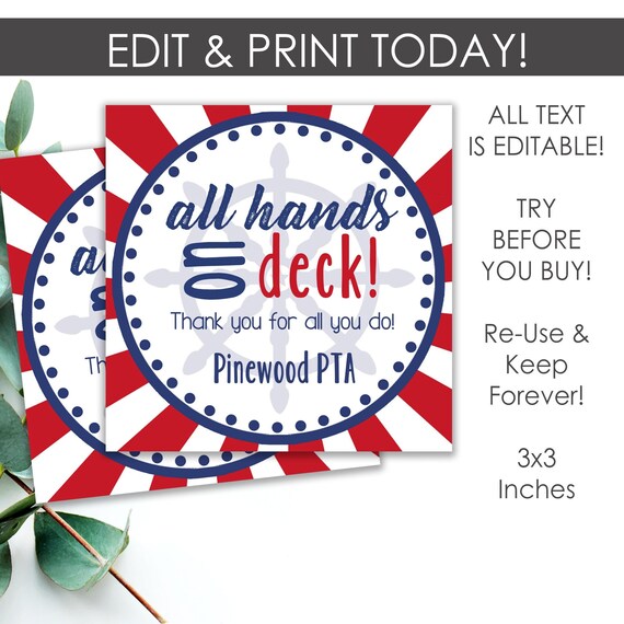 Printable Teacher Appreciation Tags, Always on Deck Tag, TAW Editable ...