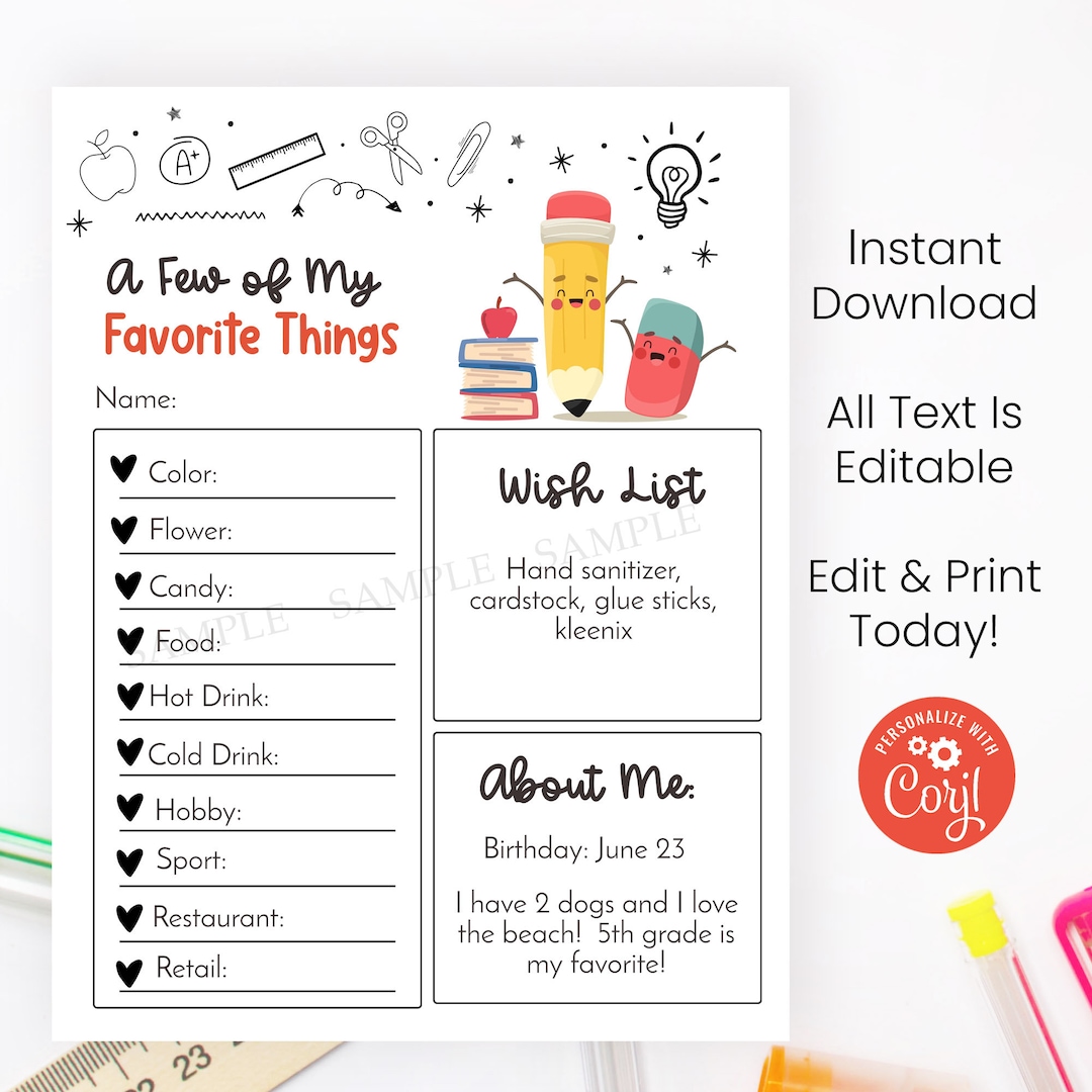 Printable Teachers Favorites Template School Appreciation Supplies ...