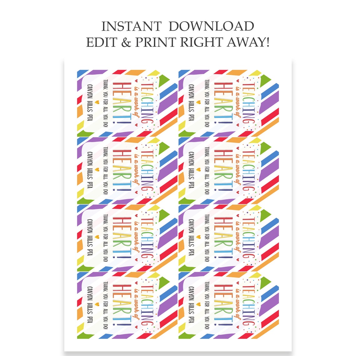 Printable Rainbow Thank You Tags for Teachers, Work of Heart Favor Tags ...