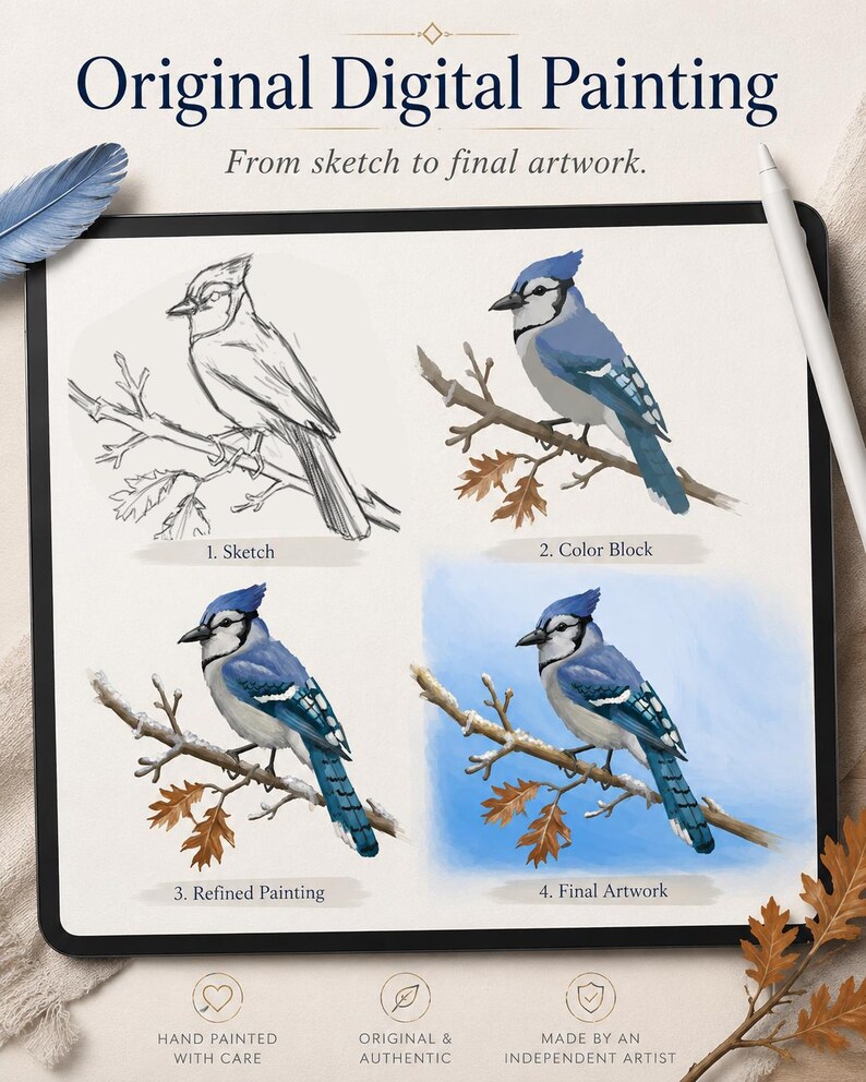 Blue Jay Winter Art Print Suite | Botanical Bird Wall Decor (digital ...