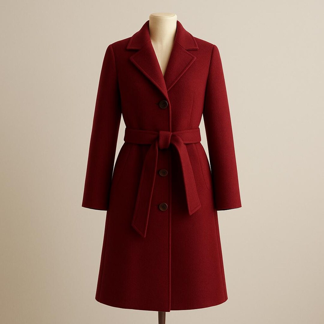 Elegant Wool Christmas Coat for Women, Winter Burgundy, Green Belted ...