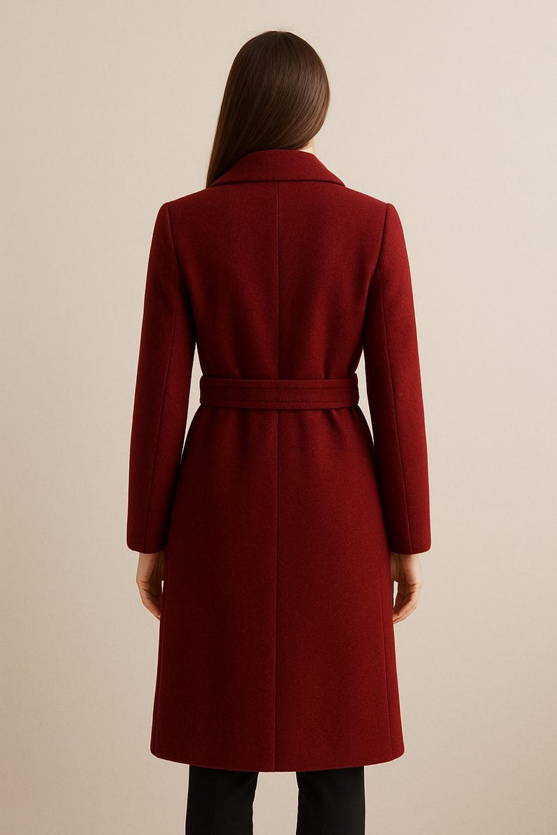 Elegant Wool Christmas Coat for Women, Winter Burgundy, Green Belted ...