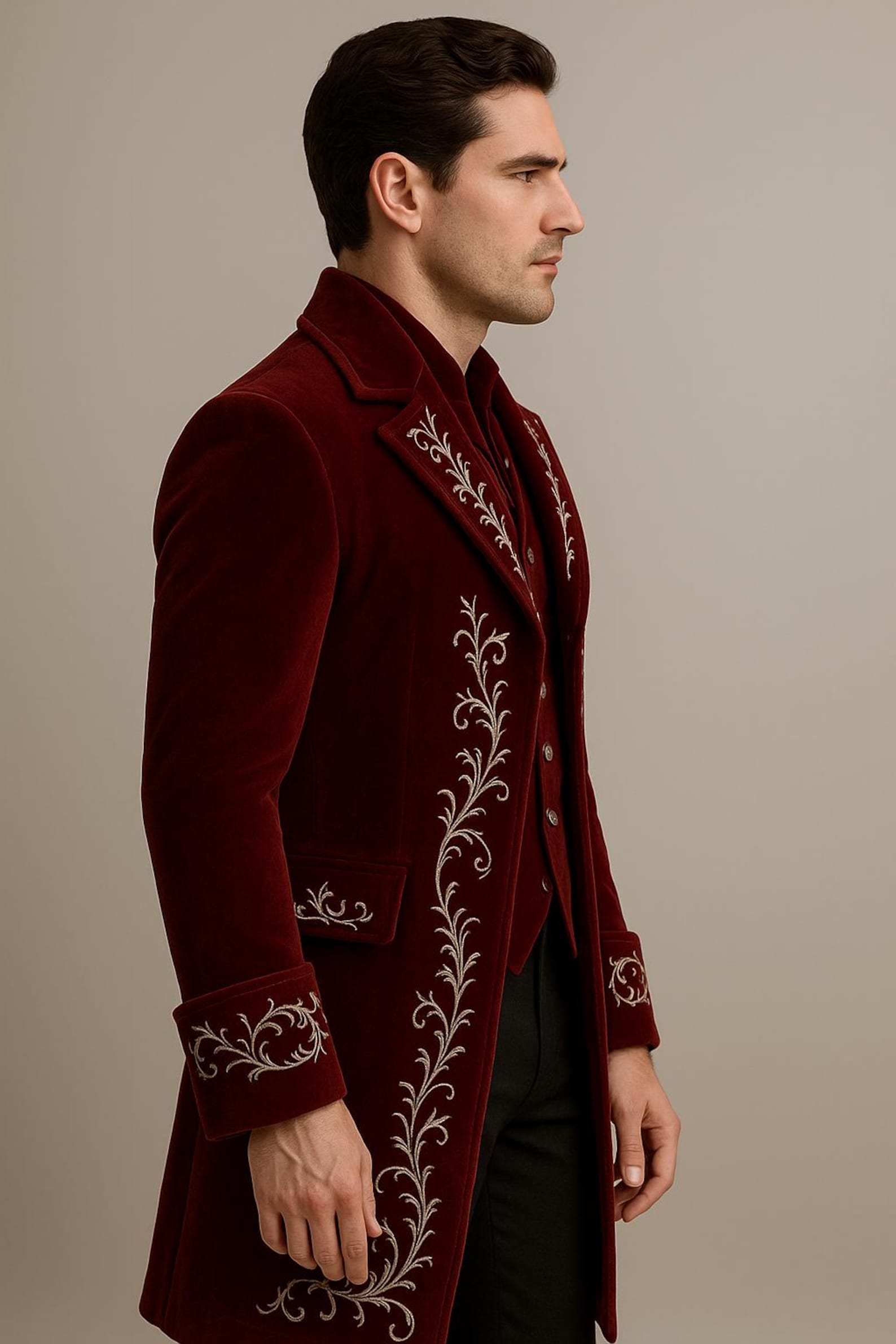 Mens Red Velvet Embroidered Coat & Vest Set, Victorian Steampunk ...