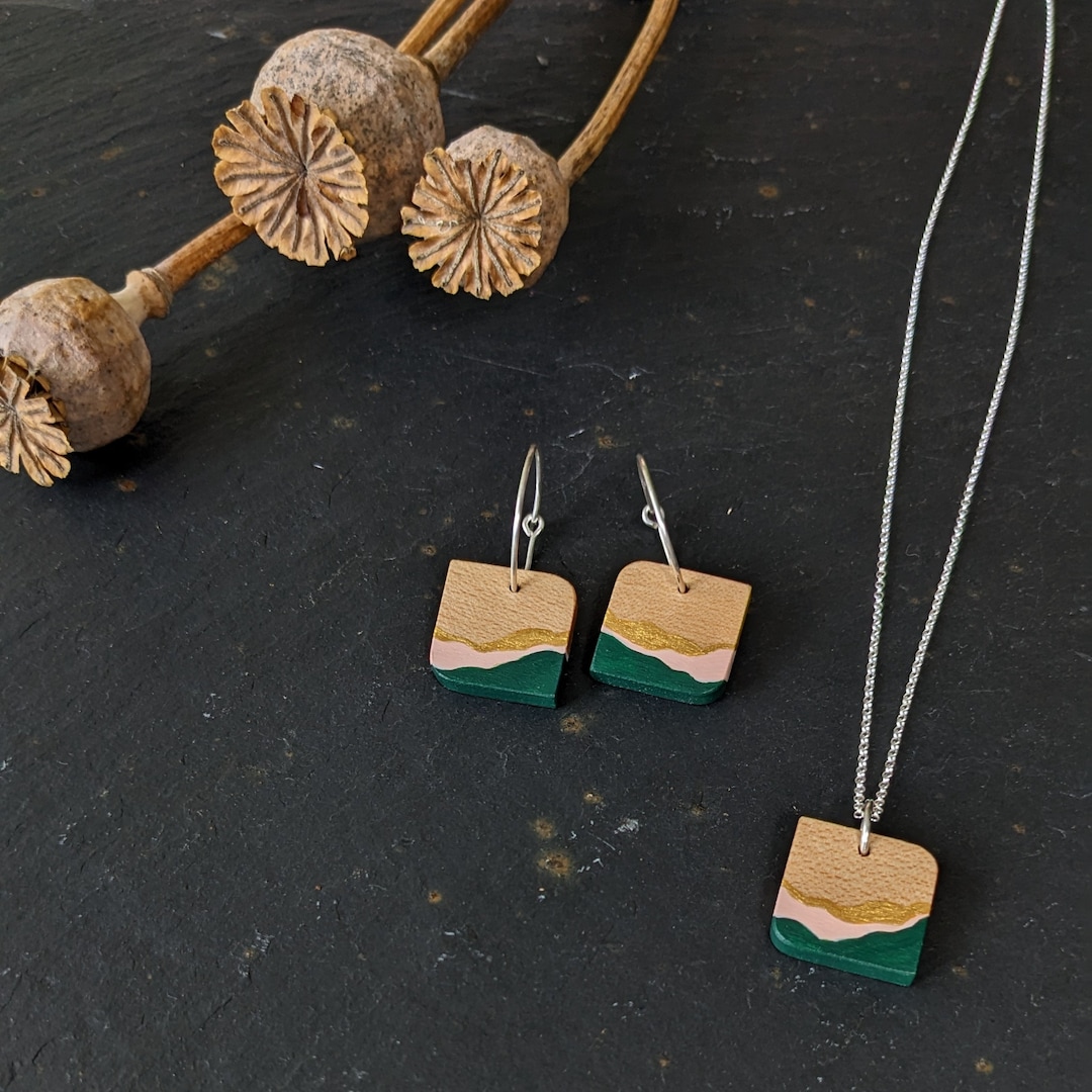 Handmade Wood Jewellery Set - Landscape Necklace and Earrings - Travel ...