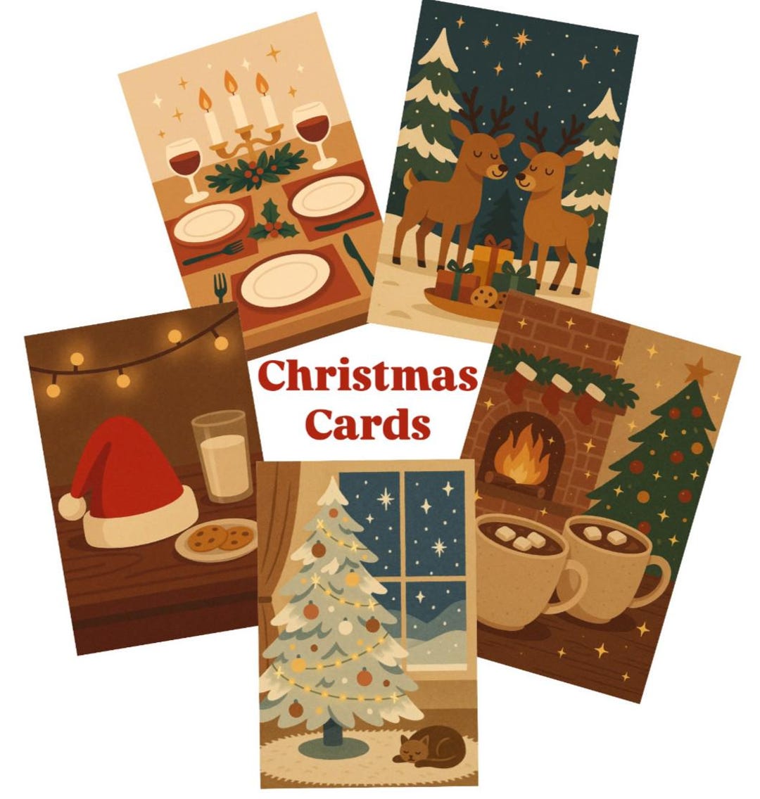 Printable Christmas Cards Set of 5 – Cozy Vintage Holiday Card Bundle ...