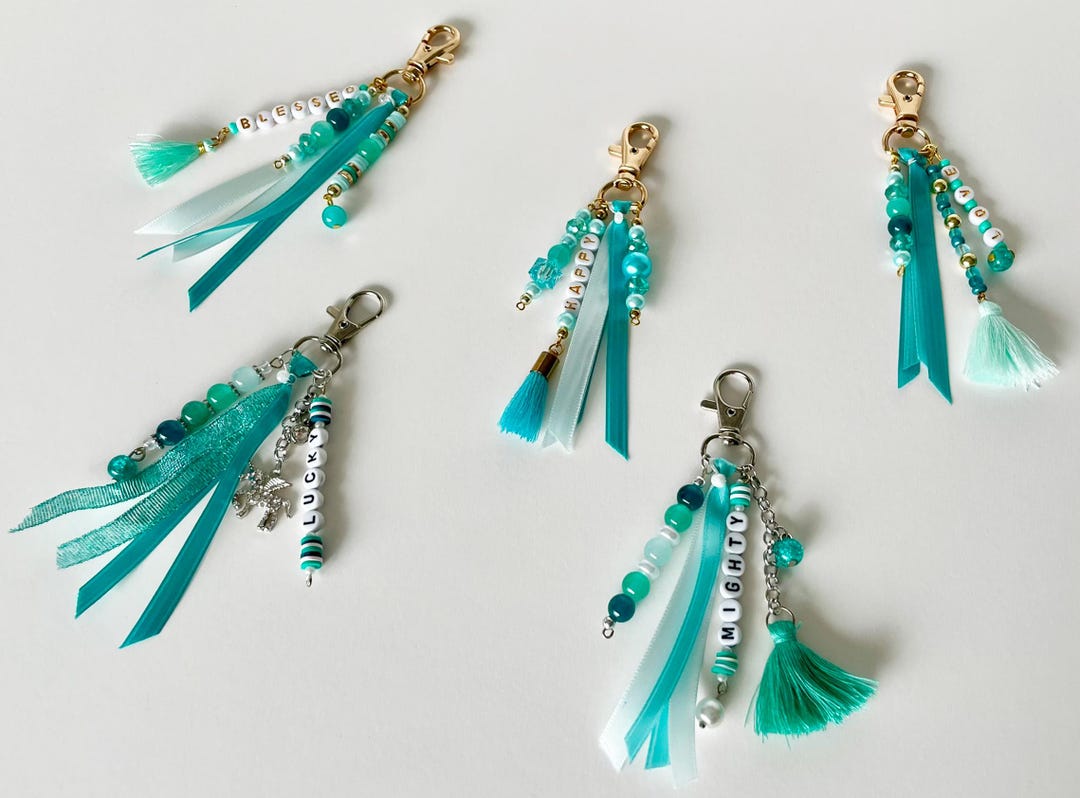 Turquoise Teal Purse Bag Charms Keychains With Beads, Ribbons, Charms ...