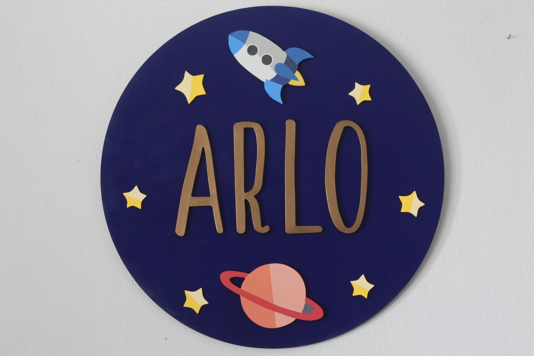 12 Space Themed Round Wood Nursery Name Sign, Personalized Gift, Outer ...