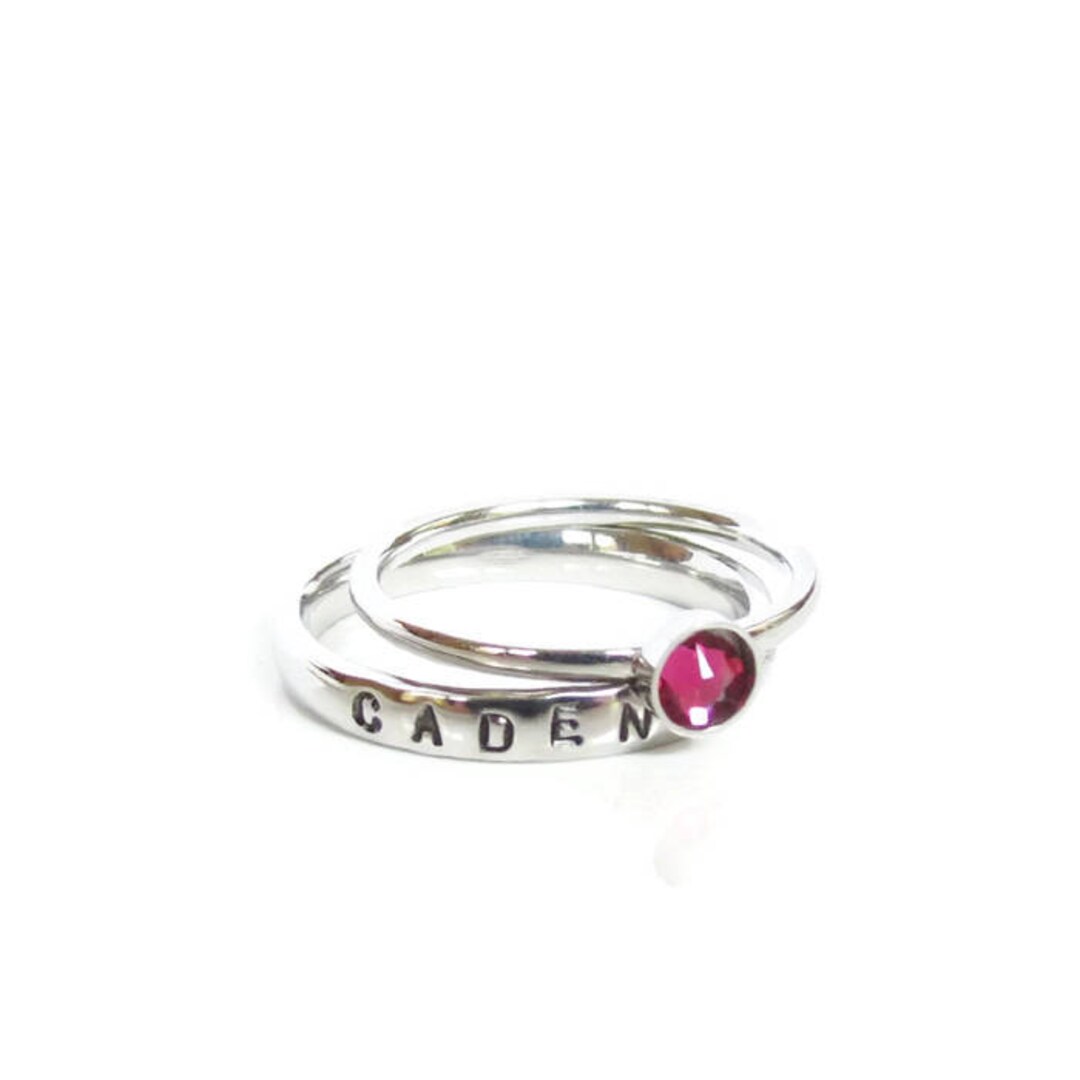 Personalized Engraved Stackable Birthstone Ring, Swarovski Crystal ...