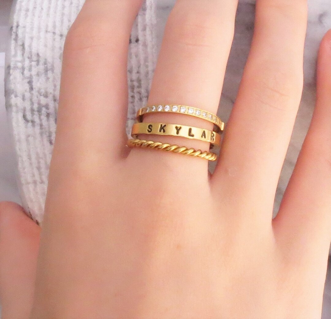 Stacking Name Rings, Stackable Rings, Personalized Mom Gift, Stacking Custom Rings, Gold Name ...
