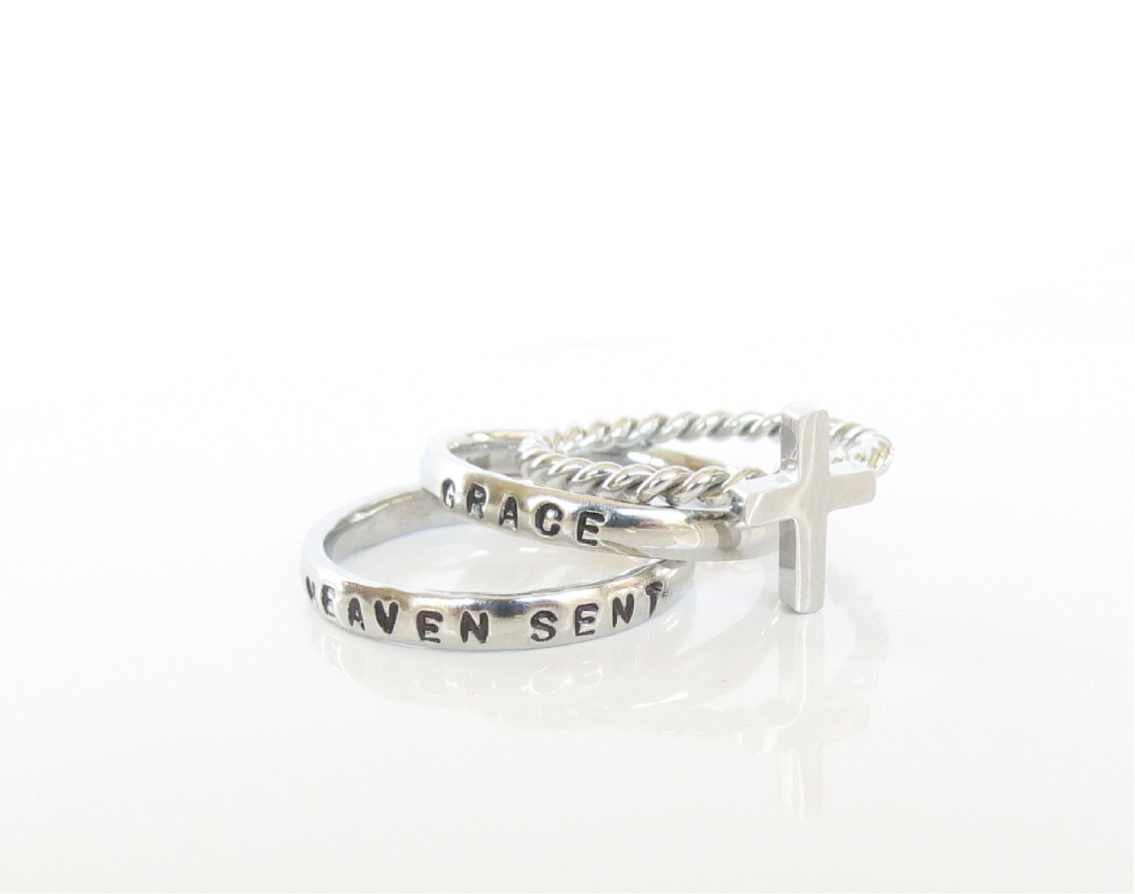 HEAVEN SENT Cross Ring, Stackable Name Ring, Stainless Steel Silver ...