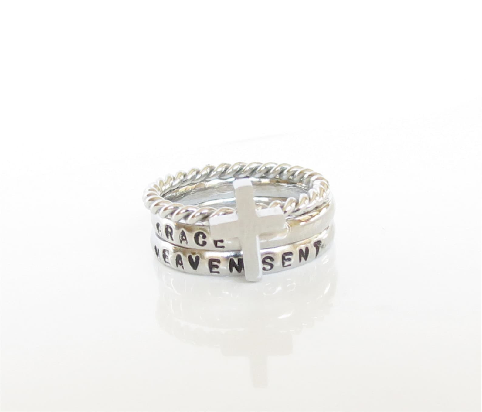 HEAVEN SENT Cross Ring, Stackable Name Ring, Stainless Steel Silver ...