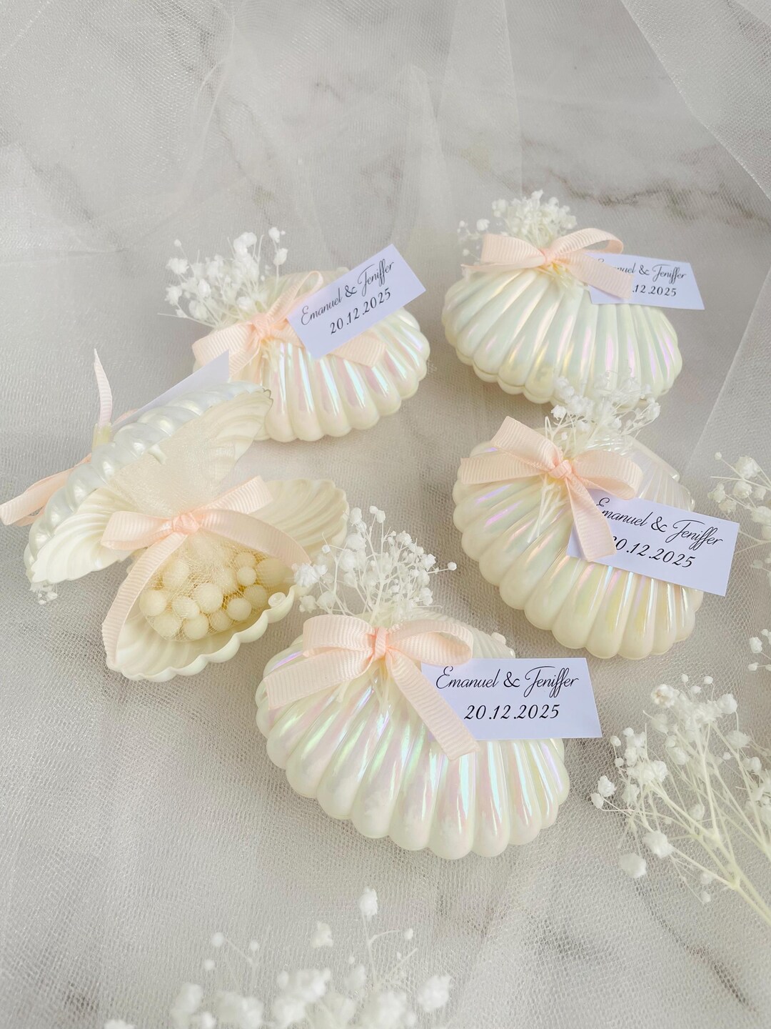 Seashell Wedding Favor: Personalized Tag, Candy Pearls, Satin Ribbon ...