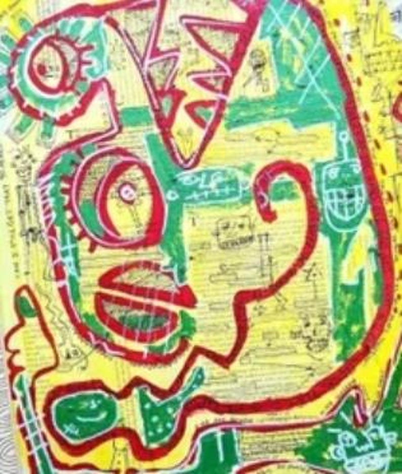 BASQUIAT, Shakespeare, Collage, Green, Mixed Media, Canvas, Yellow ...