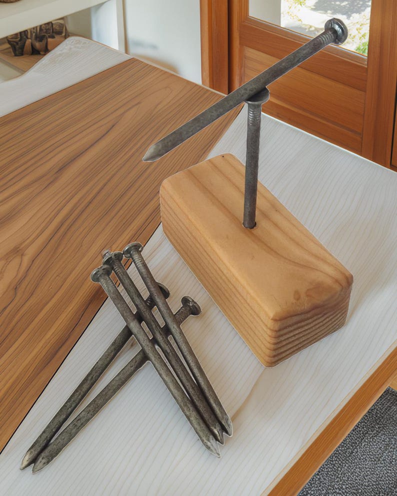 Handmade 7 Nail Balancing Act Puzzle – Natural Stain, Wood Holder, Fun ...
