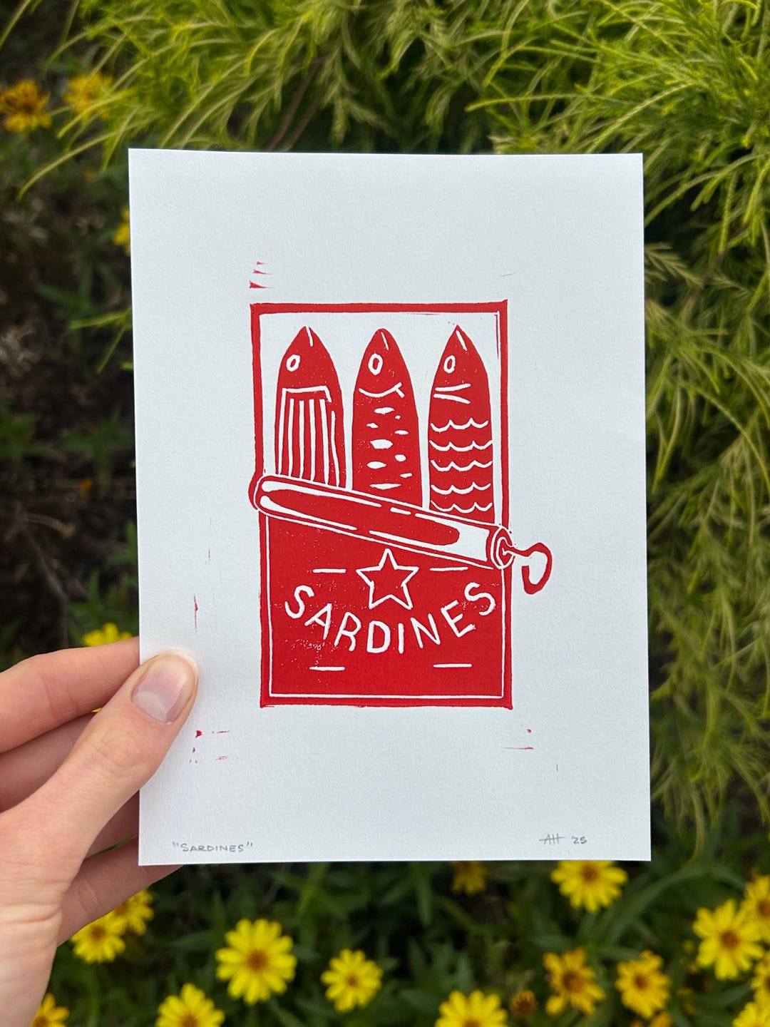 Sardines Linocut Block Print Artwork | 5x7 | Red, Blue or Black Color ...