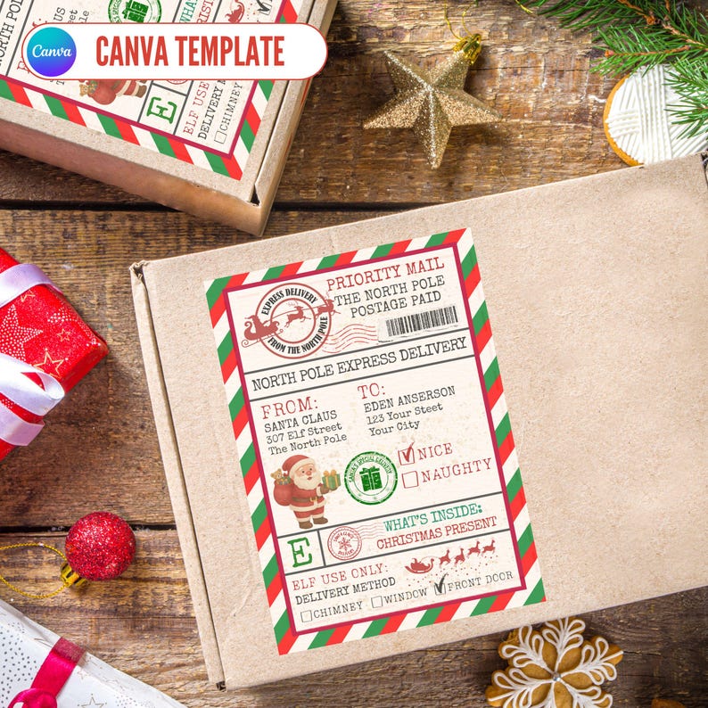 Santa Shipping Label Printable Template, Editable Christmas Elf Mail ...