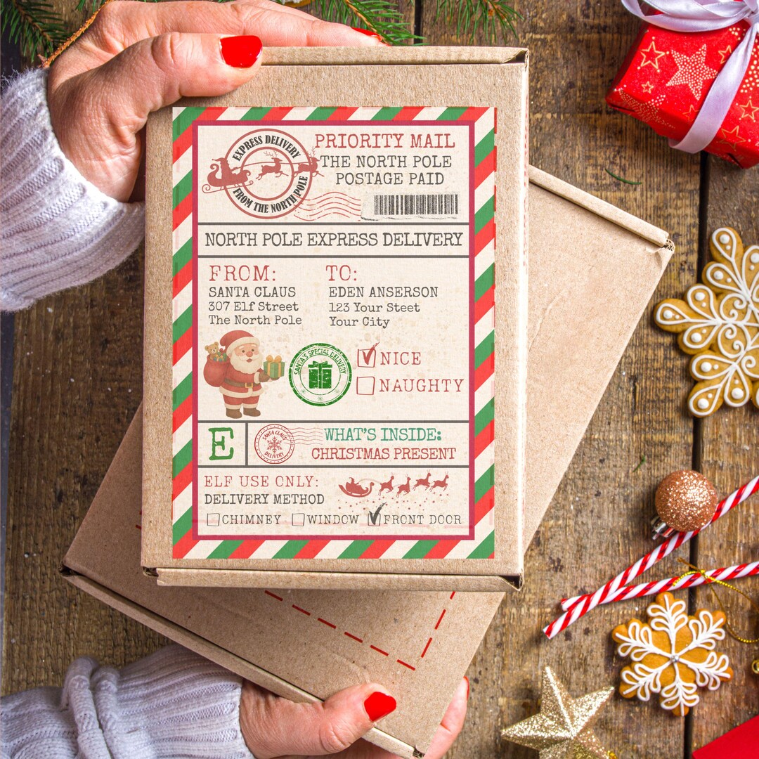 Santa Shipping Label Printable Template, Editable Christmas Elf Mail, North Pole Delivery ...