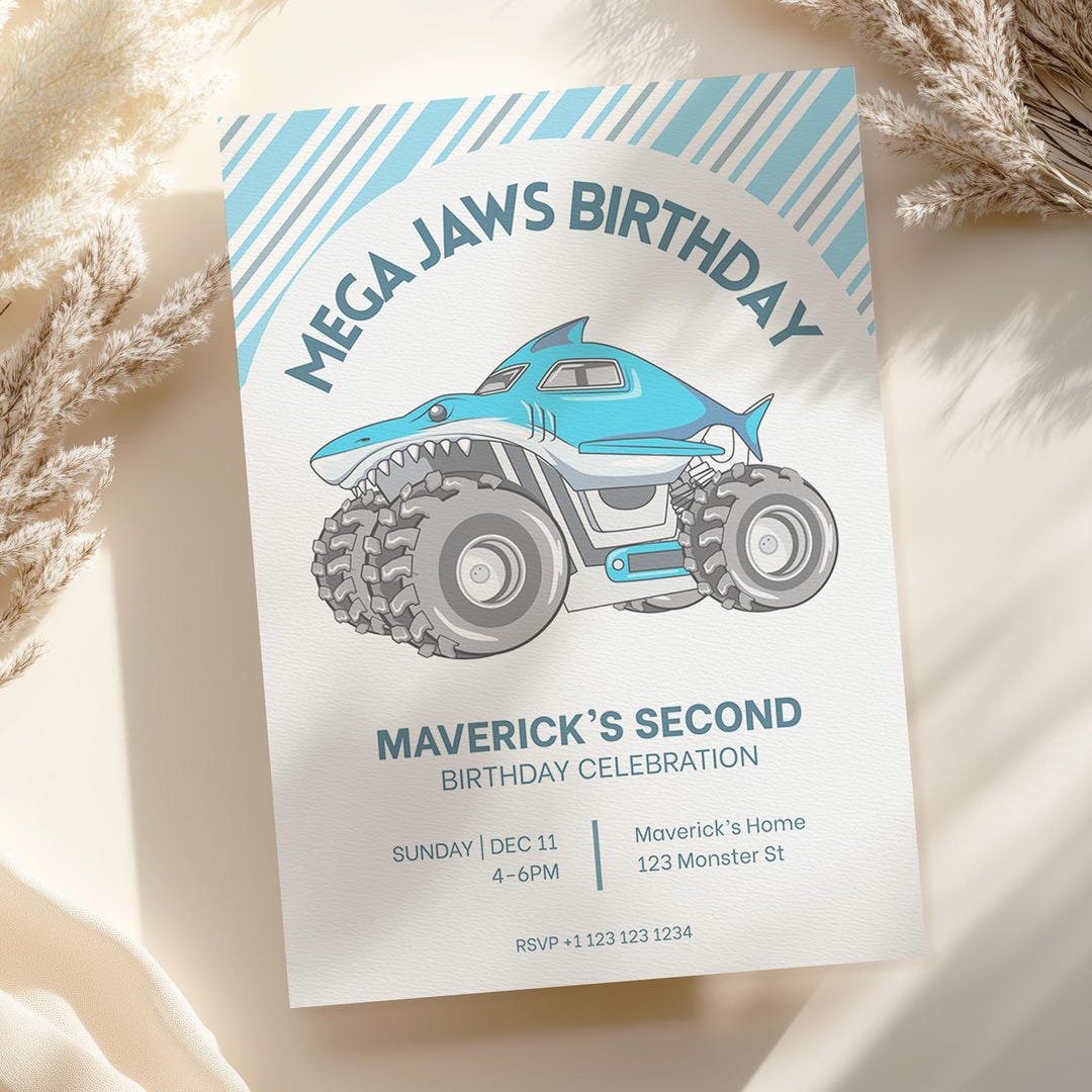 Mega Jaws Birthday Invitation | Monster Truck Theme Birthday Invitee ...