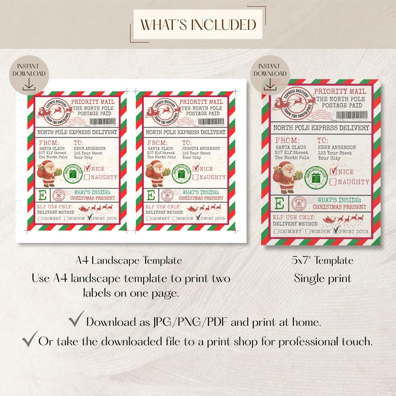 Santa Shipping Label Printable Template, Editable Christmas Elf Mail, North Pole Delivery ...