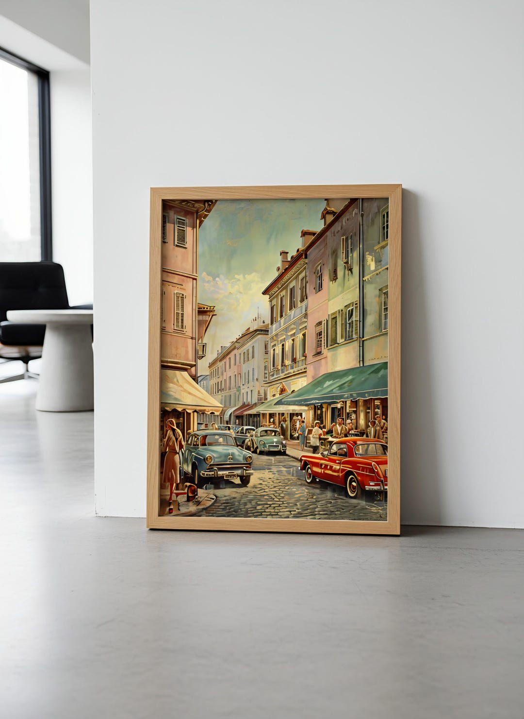 Vintage European Street Scene Poster | Classic Red & Blue Car Art Print ...